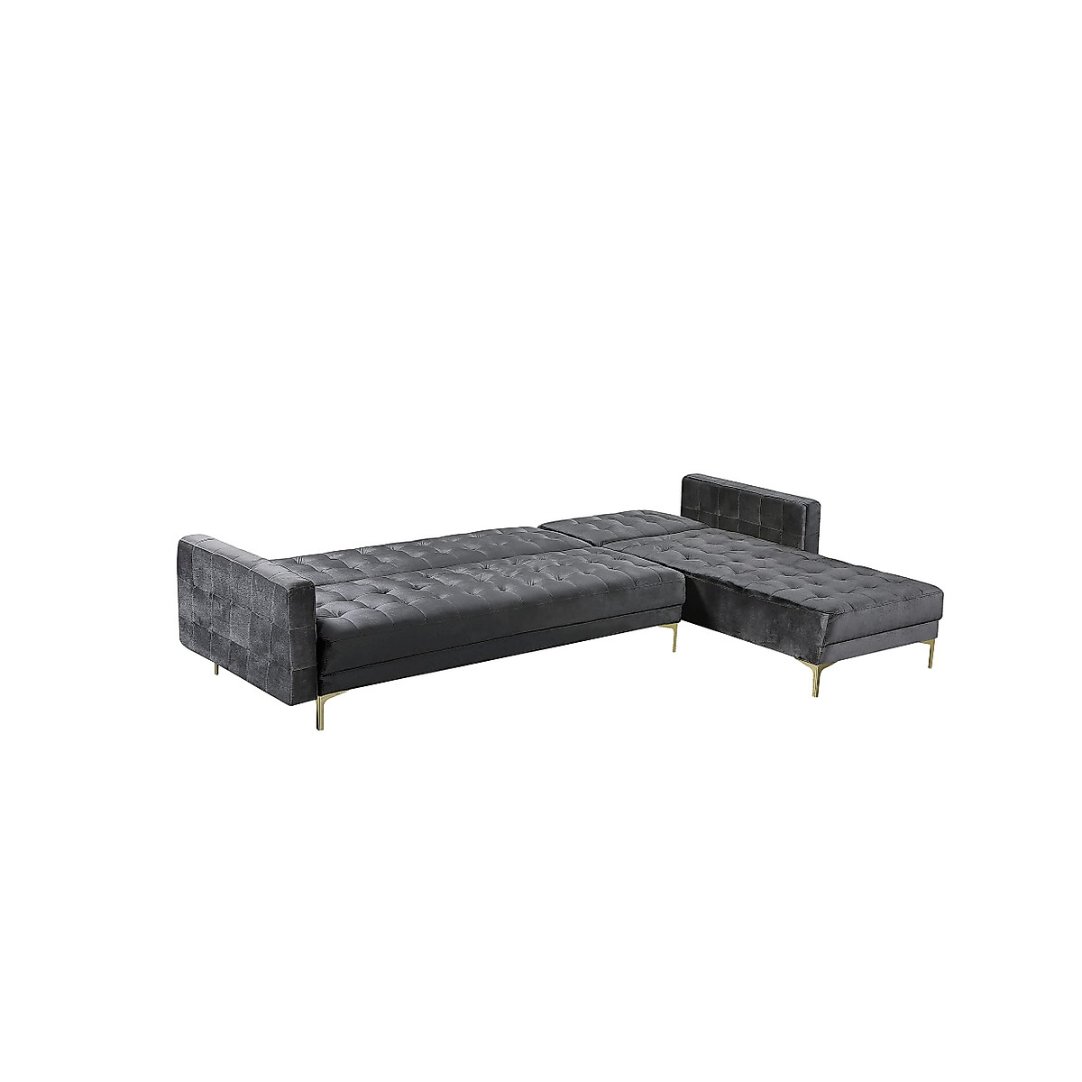 Iconic Home Amandal Convertible Sofa Sleeper Bed L Shape Chaise Tufted Velvet Upholstered Gold Tone Metal Y-Leg Modern Contemporary, Right Facing Sectional, Grey Velvet