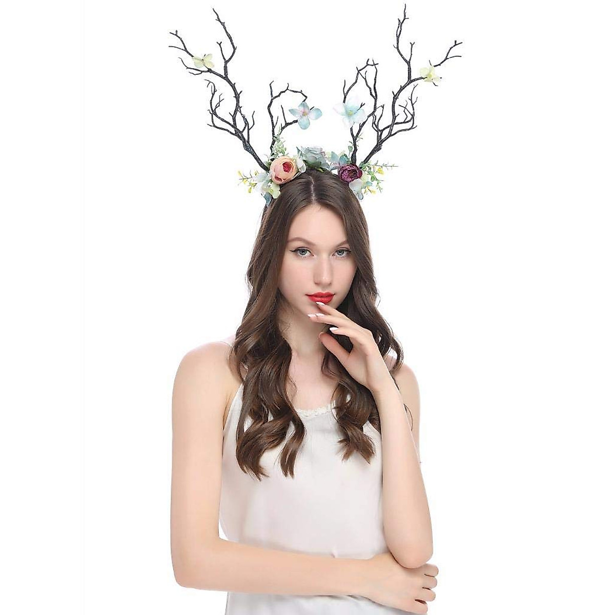 XIDAJIE Deer Antler Flower Crown Headbands Halloween Chritmas Long Antler Flower Branches Headband Props Horns Headpieces Hair Band Photo Shoot Forest Goddess Headdress Headwear, Navy
