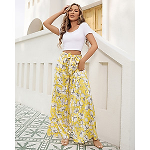 QIANXIZHAN Women's Wide Leg Pants, High Waisted Palazzo Pants Dressy Summer Flowy Casual Lounge Work Dress Pants Trousers Yellow Flower XL