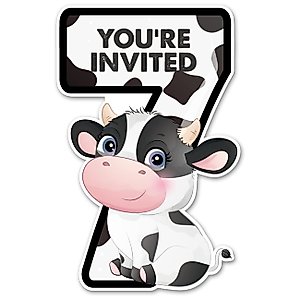 20 Cow 7th Birthday Party Invitations with Envelopes Double Sided Farm Animal Cow Shaped Fill-in Invitations Invites for 7 Year Old