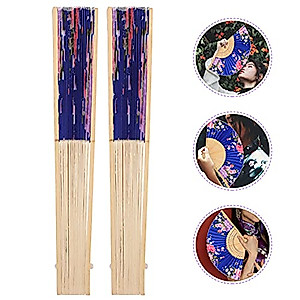 RAZZUM 2 Pcs Floral Folding Hand Fan Chinese Vintage Retro Silk Handheld Fans with Frames for Wedding Dancing Church Party Gifts Blue Fan