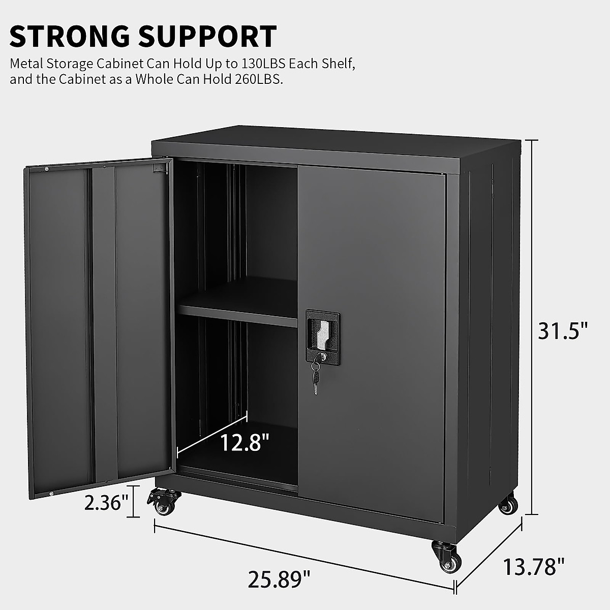 LUCYPAL Metal Storage Cabinet with Wheels,Lockable Steel Storage Cabinet with Doors, Mobile Metal Storage Cabinet with Adjustable Shelf, Metal Filing Cabinet for Home Office,Garage,Black