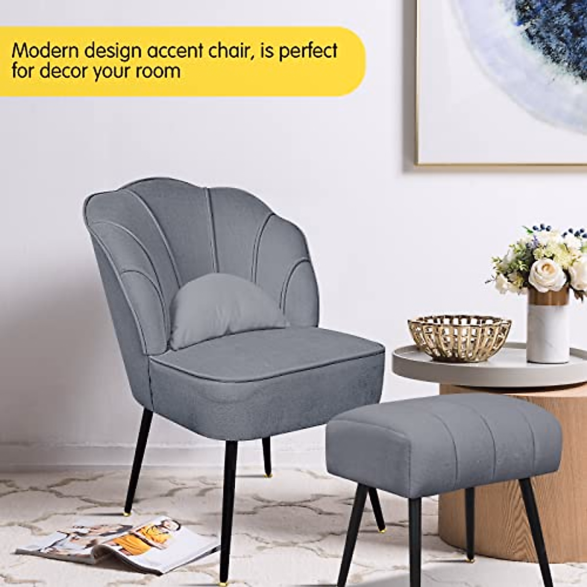 Velvet Accent Chair, Velvet Chairs Shell Sofa Chair With Footstool Ottoman, Modern Leisure Chair With Black Metal Legs & Golden Leg Base, Upholstered Chair for Living Room/Bedroom/Office, Dark Grey
