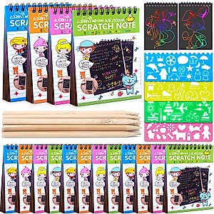 16 Pack Drawing Notebook Set, Scratch Art Paper Rainbow Mini Notes, Sketch Drawing Pad for Kids Party Favors（with 16 Wooden Stylus & 4 Drawing Stencils）