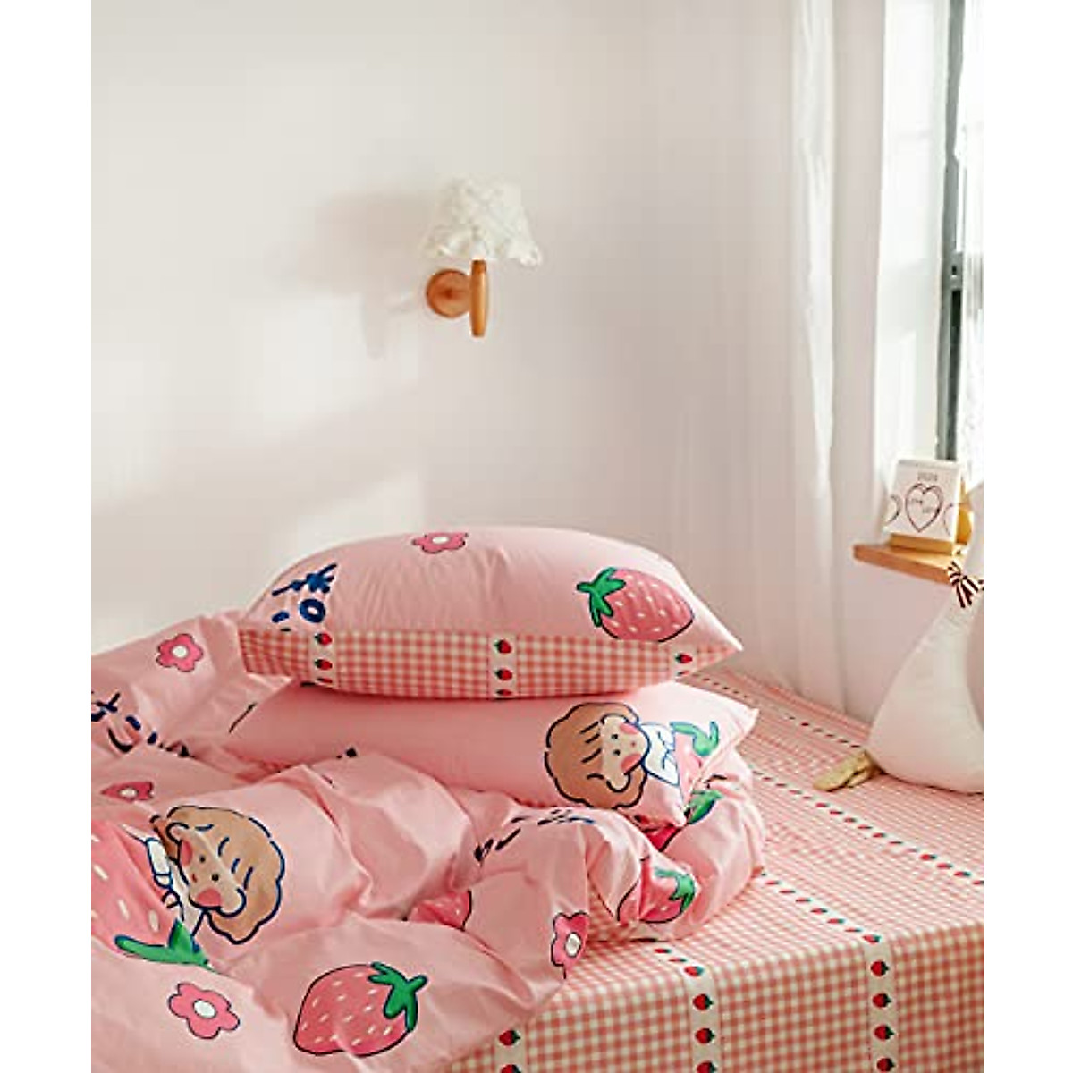 AOJIM Pure Cotton Pink Grids Strawberry Fitted Sheet Queen 60"x80"with 15" Deep Pocket Cute Mattress Cover, Only One Bed Sheet for Girls
