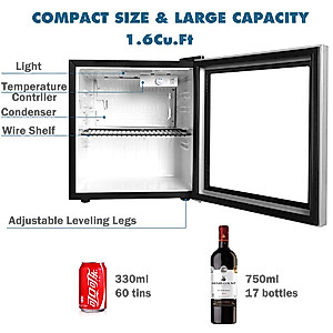 WATOOR Wine Cooler and Beverage Refrigerator 1.6 Cubic Feet 60 Cans Mini Fridge with Glass Reversible Door for Soda Beer or Wine