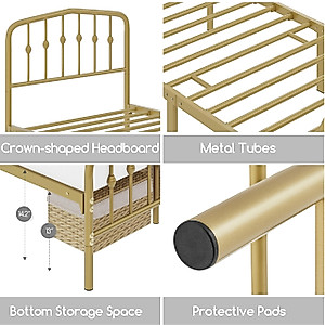 Yaheetech Twin Bed Frames Metal Platform Bed with Victorian Style Wrought Iron Headboard and Footboard/Easy Assembly/No Box Spring Needed/Antique Gold Twin Bed