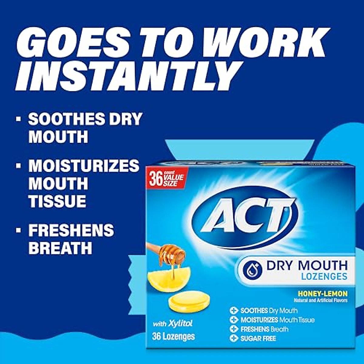 ACT Dry Mouth Lozenges With Xylitol, 36-Count, Sugar Free Honey-Lemon
