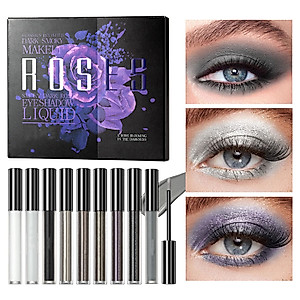 MAEPEOR Liquid Glitter Eyeshadow Set 9 Colors Black Grey Silver Smokey Eyeshadow Longlasting Waterproof Smooth Creamy Eyeshadow Set (9 Colors Set 1)