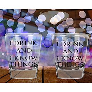 AW Fashions I Drink and I Know Things - Funny Parody Party Shot Glass - 2 Pack Set of Shot Glasses Bachelorette Bachelor Game