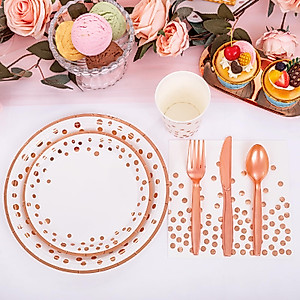 Supernal 350pcs Rose Gold Plates and Napkins Party Supplies,Happy Birthday Plates and Napkins,Rose Gold Paper Plates,Napkins,Cups,Rose Gold Plastic Forks,Knives,Spoons for Womens Birthday Decorations