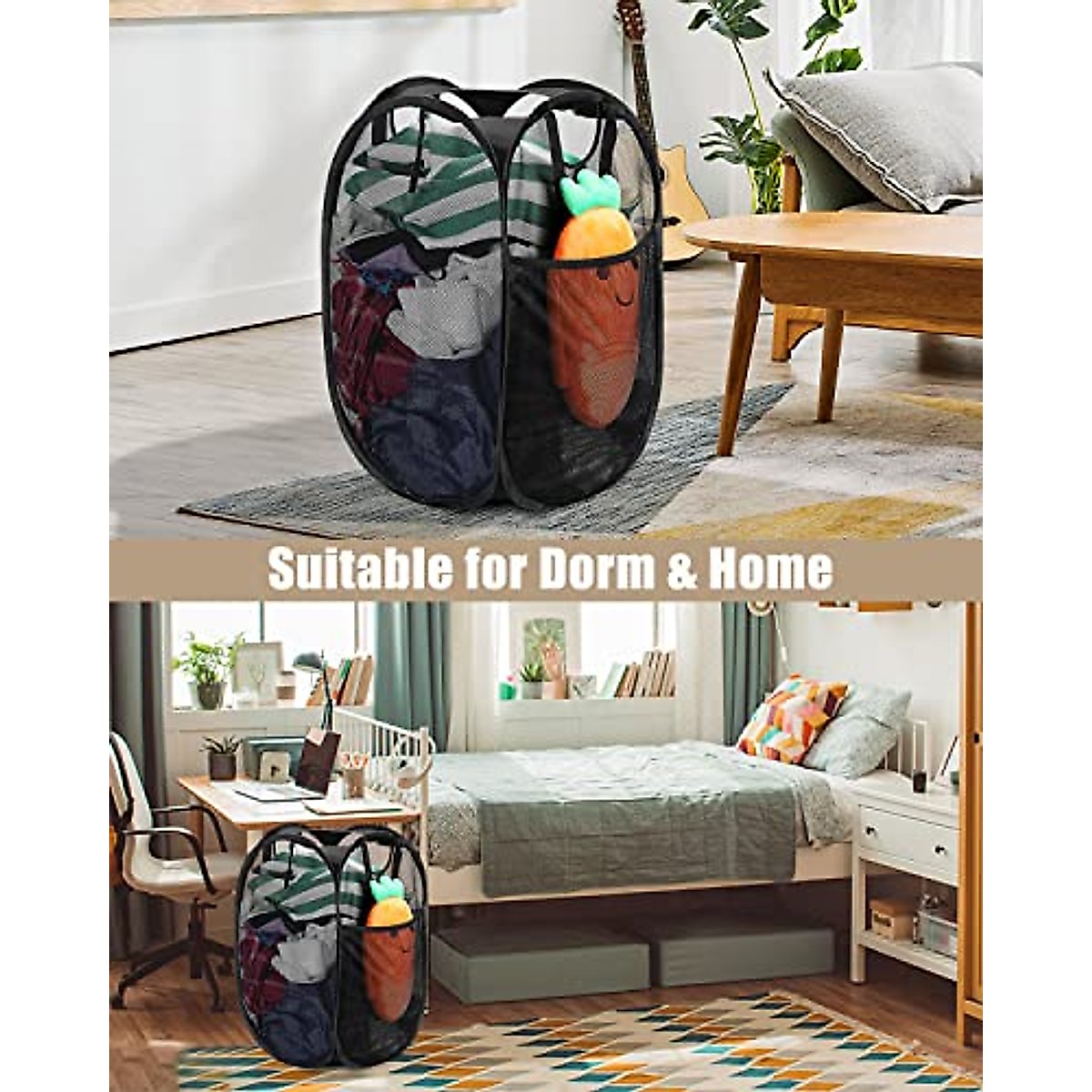 HOUSE AGAIN Mesh Popup Laundry Hamper, [Reinforced] Collapsible Laundry Basket, Foldable Pop Up Hamper with Durable Handles, Easy to Open and Fold for Dorm, Laundry Room, Bedroom, RV, (Black)