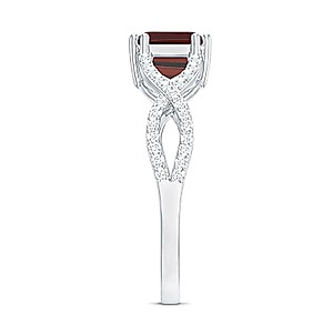 Rosec Jewels Natural Garnet 6X8mm Emerald Cut Engagement Ring, AAA Quality, Garnet Diamond East West Ring - Ready To Gift, 14K White Gold, Size:US 6.00