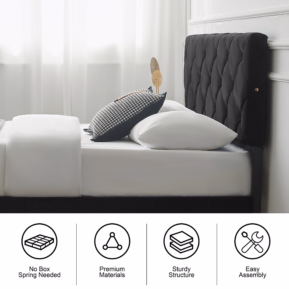 AsKmore Queen Size Bed Frame,Velvet Upholstered Platform with Headboard and Strong Wooden Slats,Non-Slip and Noise-Free,No Box Spring Needed, Easy Assembly,Black