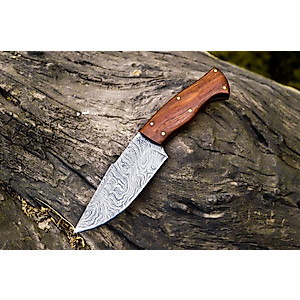 Nooraki HK-319 Custom Handmade Damascus Steel Knife - Full Tang Rosewood Handle, with Leather Sheath 8 Overall Hunting Skinning Survival Knife (Damascus Steel)