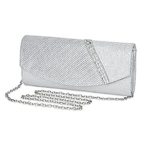 Pinprin Womens Evening Clutch Bag Ladies Envelope Handbag Prom Bridal Wedding Party Purse with Detachable Chain (C-Silver)
