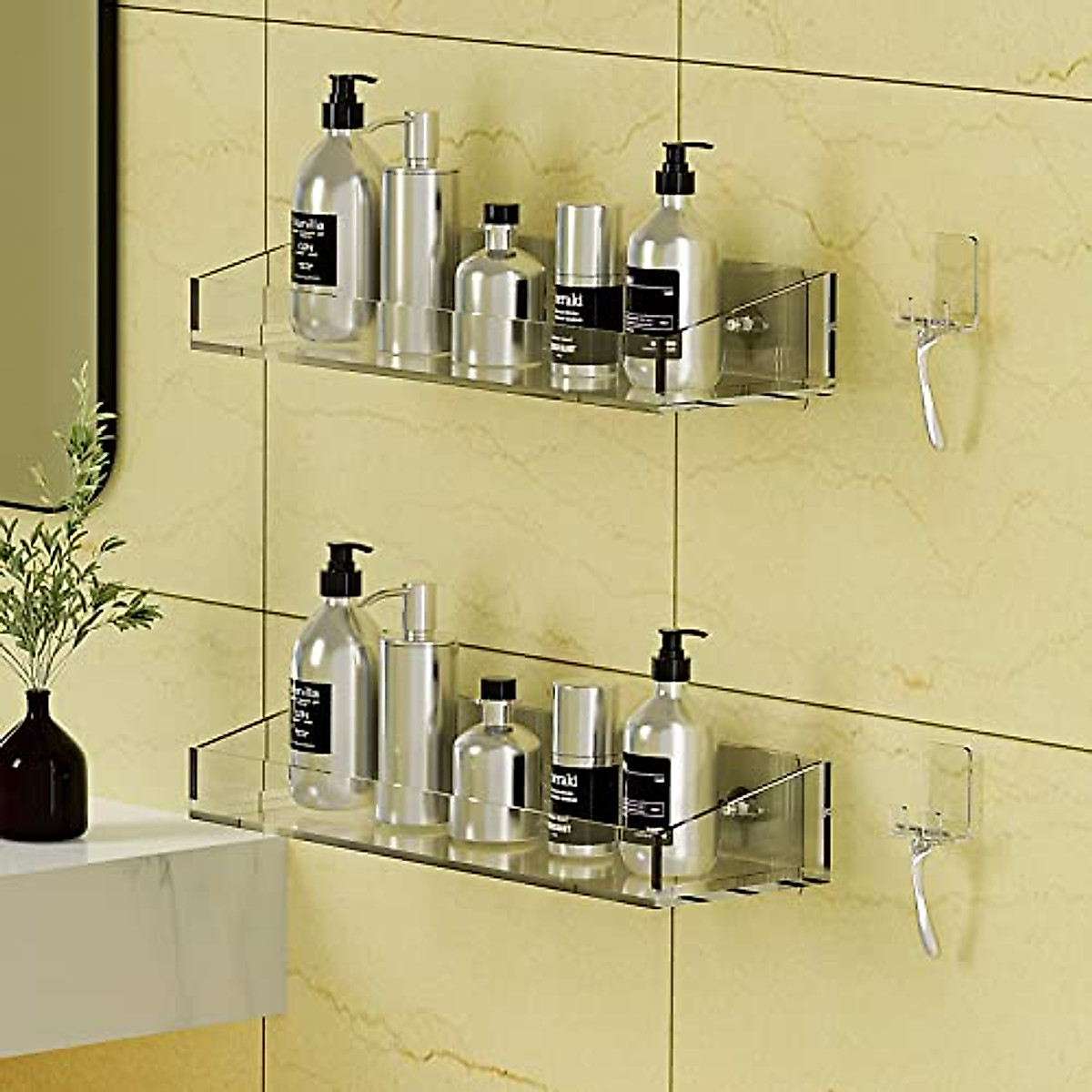 Sinminou Acrylic Shower Caddy Shelf 2- Pack of Traceless Adhesive Wall Mounted, No Drilling and Anti-rust, Clear Storage Rack for Shampoo Holder, Floating Acrylic Bathroom Shelves with Hooks for Razor