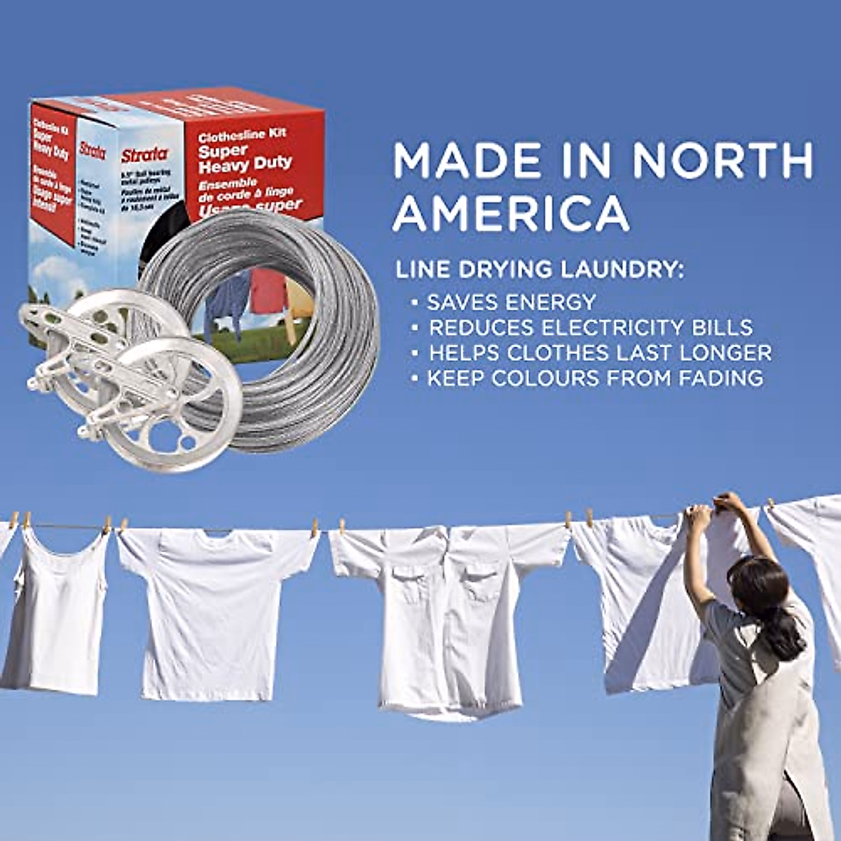 Strata Clothesline Outdoor Heavy Duty Kit - 150 Feet Galvanized Wire Silver PVC Coating, 6.5" Clothesline Pulley 2pcs, Metal Mini Winch Tightener 1pc, Plastic Spreader/Spacer 1pc & 2 Metal Hooks