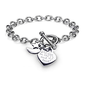 Pearlina Charms Bracelet Heart Toggle I Love You To The Moon and Back Stainless Steel Chain 7.5"