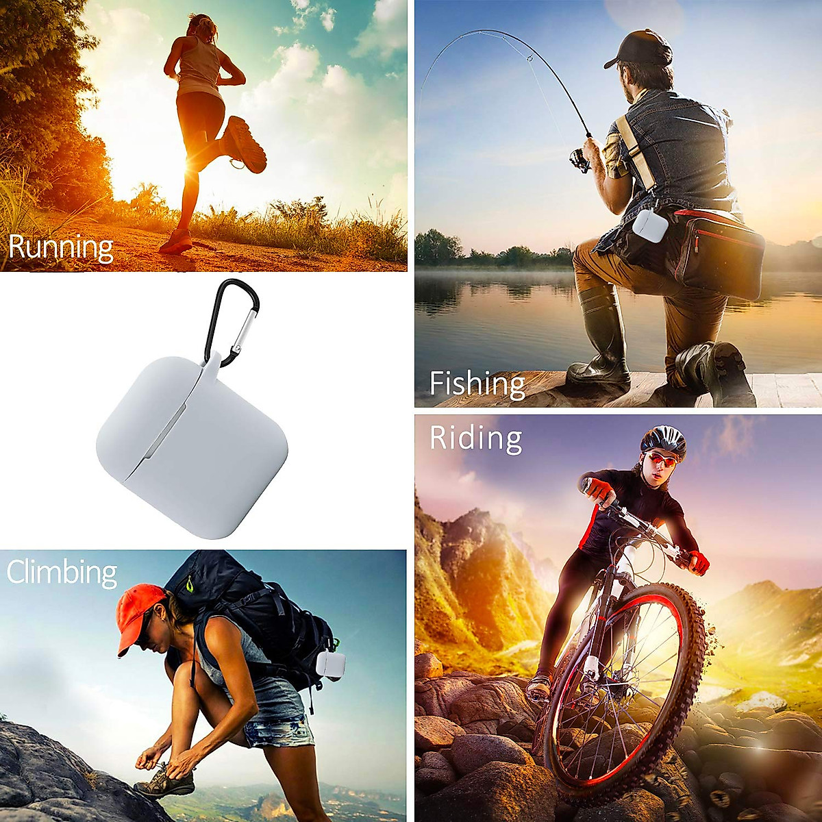 Earphone Silicone Case Cover Skin with Fur Ball Key Chain and Locking Carabiner Compatible with AirPods Charing Case - Hang Case Cover with Anti-Lost Strap as Headphone Accessories (Gray)