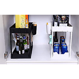 Qucover 2 Tier Under Sink Organizer, 2 Pack Bathroom Cabinet Organizers and Storage Sliding, Waterproof Kitchen Sink Organizer Under Cabinet Storage with Hooks, Hanging Cup, Black & White