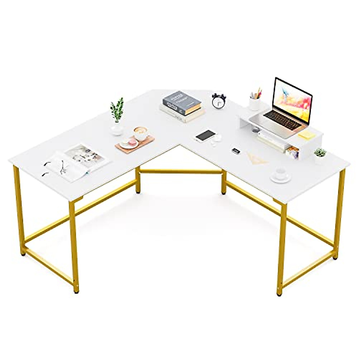 Elephance 59" L Shaped Desk Corner Computer Desk Gaming Table with Monitor Stand Workstation for Home Office (Large, White+ Gold Frame)
