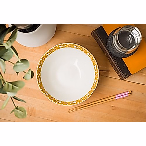 Silver Buffalo Sanrio Hello Kitty Pink and Gold Japanese Pattern with Flowers Ceramic Ramen Noodle Rice Bowl with Chopsticks, Microwave Safe, 30 Ounces