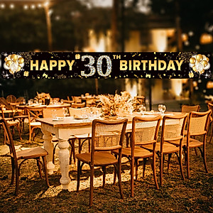 30th Birthday Party Decorations Yard Banner for Women Men, Black Gold Thirty Year Old Birthday Party Decorations for Him Her, 157 x 20inch Extra Large Birthday Party Backdrop Supplies PHXEY
