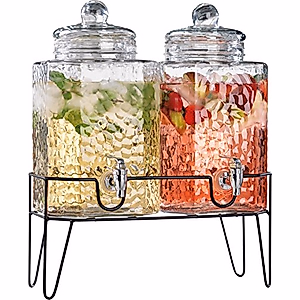 Homephile Double Ice Cold Clear Glass Hammered Beverage Drink Dispensers On Metal Stand 1.5 Gallon Each Mason Jug for Outdoor, Parties & Daily Use