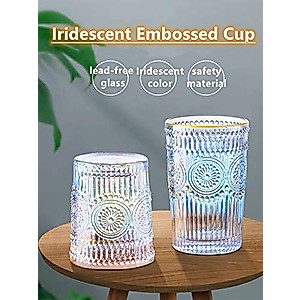 Iridescent Embossed Drinking Glass Gold Rim Water Glass Baroque Clear Crystal Unleaded Wine Milk Juice Coffee Glass,11.7oz,Makeup Brush/Pen/Pencil/Toothbrush Holder (Large)
