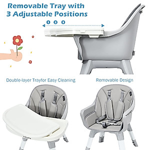 BABY JOY 7 in 1 Baby High Chair, Convertible Infant Feeding Chair w/Removable Tray, Adjustable Legs & Storage Basket, Toddler Building Block Table/Kids Table & Chair Set, Gray
