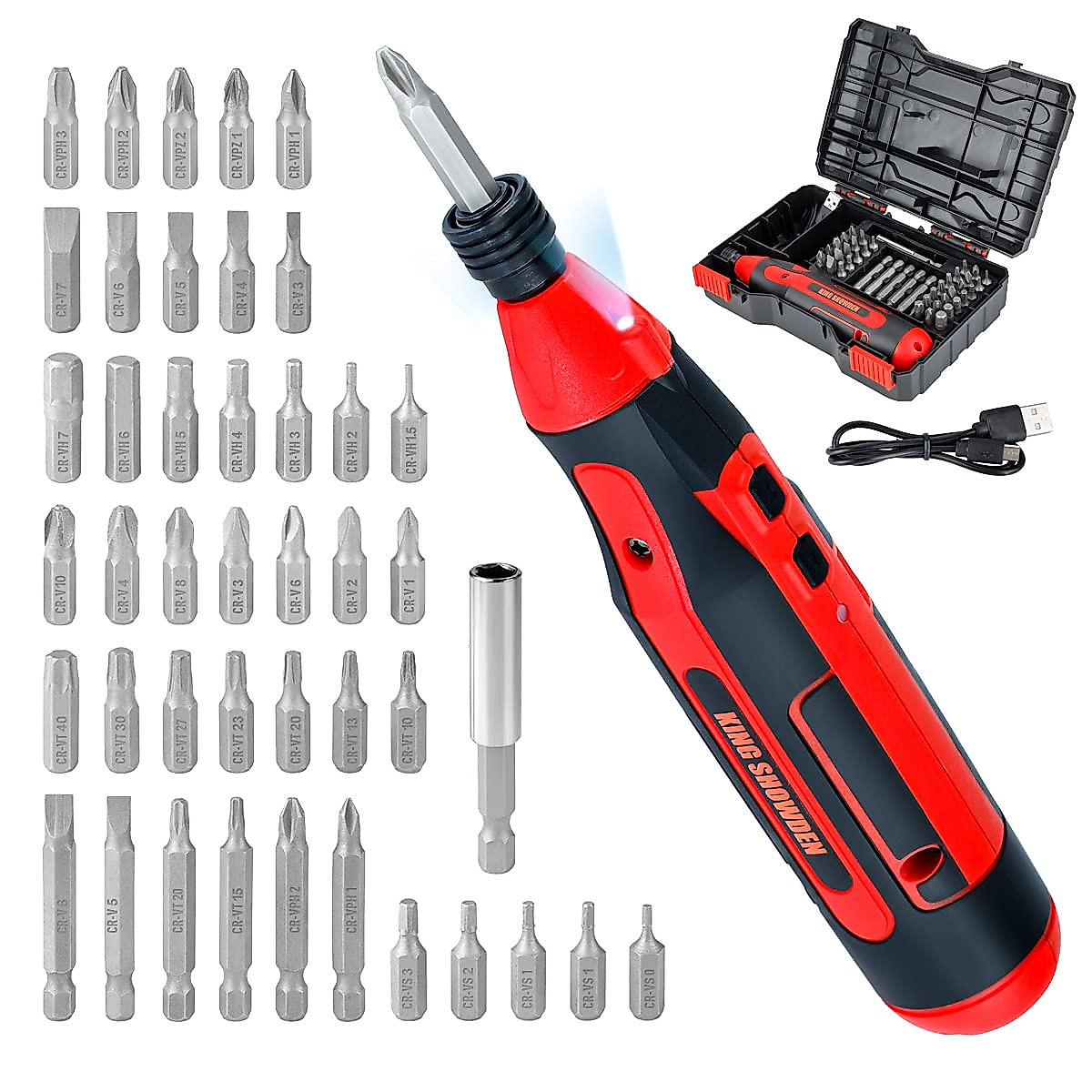 King Showden Electric Screwdriver 4V Cordless Power Screw Drivers Kit with 42 pcs Drill Bits, USB Rechargeable Lithium ion Battery, LED Work Light, Carrying Case
