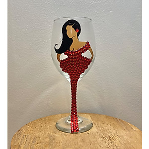 Diva Wine Glass, Long Hair, Large 20oz Decorated Wine Glass, Black, Brown, Woman Drinking Glass, Gift Favours, Gift Favors, Grant Favors, Unique Birthday Gift, Brown Girl on Wine Glass (Red)