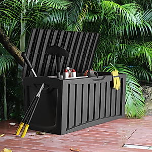 Goplus Outdoor Storage Box, Waterproof 90 Gallon Deck Box with Lockable Lid, Moving Rollers, Handle for Cushion, Pillow, Toy Garden Tools, Outdoor Resin Patio Storage Box for Lawn Yard, Easy Assembly