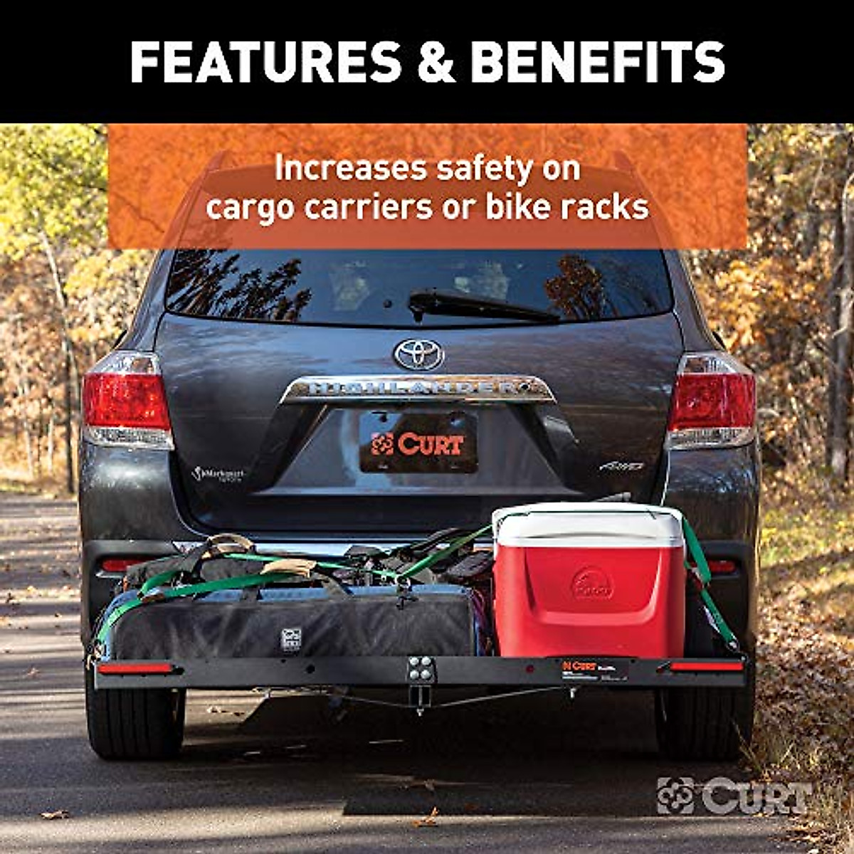 CURT 53201 Auxiliary Automotive LED Light Strips for Hitch Cargo Carrier, Bike Rack, 2-Pack, red