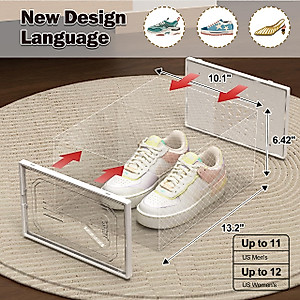 Ancofoo X-Large Shoe Storage Organizer Boxes, Clear Shoe Boxes Stackable Shoe Organizer for Closet, Shoe Containers Bins with Lids, Space Saving for Entryway, White, 12 Pack, Fit Size 11