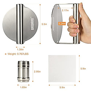 ONEDONE Burger Press Stainless Steel Smash Burger Press 5.5 inch Burger Smasher for Griddle w/Seasoning Shaker & 100 Patty Paper, Burger Iron Grill Press