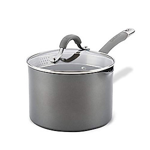Circulon 84567 3-Qt.Covered Straining Pour Spouts Hard Anodized Aluminum Saucepan, 3 quart, Oyster Gray