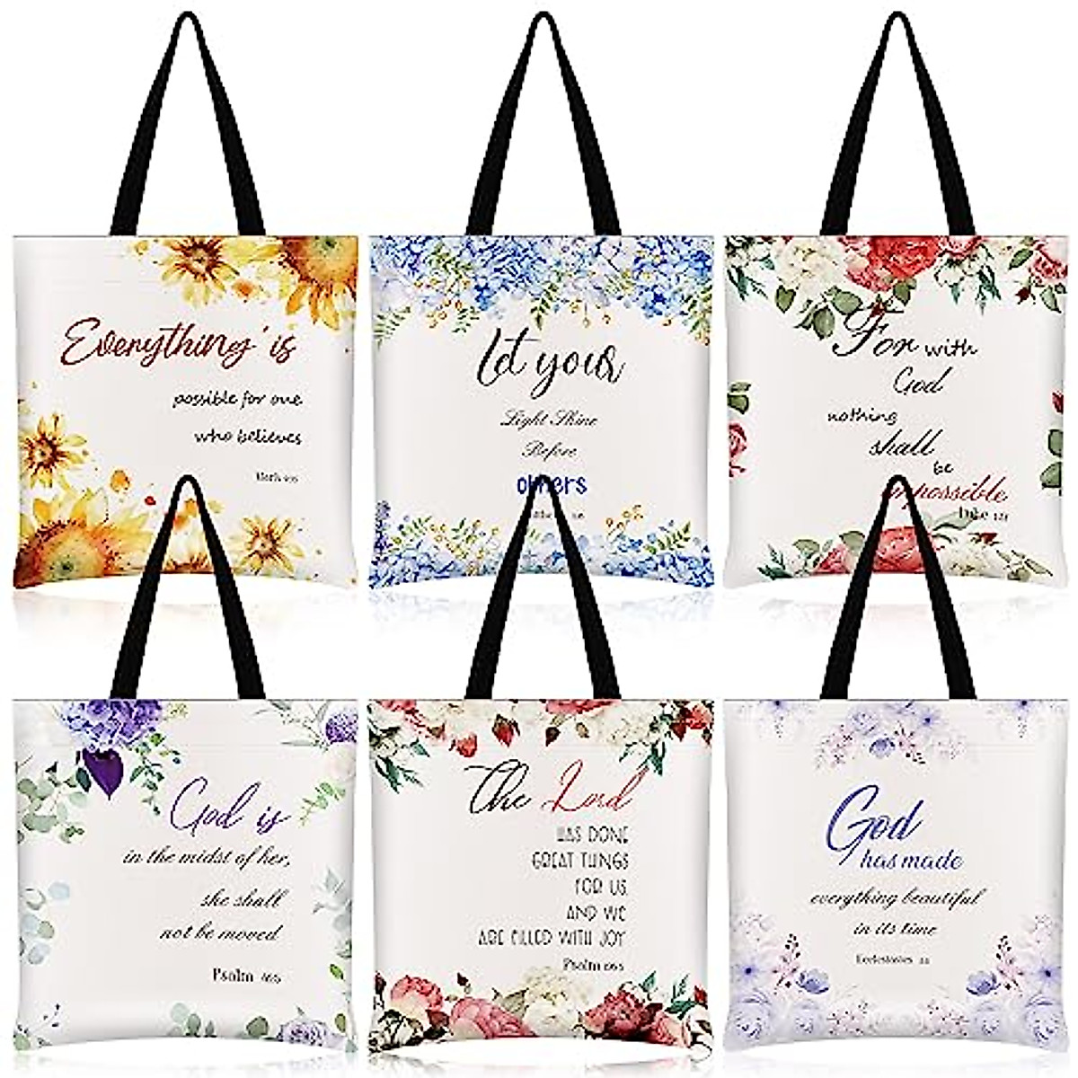 Silkfly 6 Pcs Bible Tote Bags for Women, Shoulder Scripture Religious Reusable Tote Bags Floral Verse Christian Tote Bag for Beach Market Travel Grocery Christmas Gift