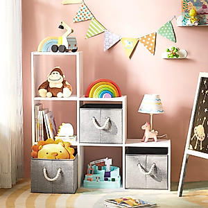 SONGMICS Fabric Storage Boxes, Set of 3 Storage Cubes, Foldable Baskets with Handles, 15.7 x 11.8 x 9.8 Inches, Toy Storage, Linen Pattern, Gray URFB013G01