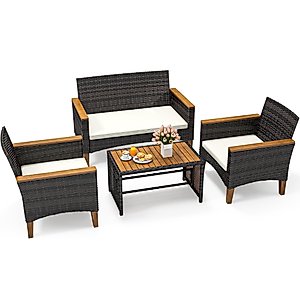 YITAHOME Wooden Armrest 4-Piece Patio Furniture Set, All-Weather Outdoor Furniture Rattan Wicker Conversation Set with Wooden Side Table, Wooden Armrests &Feet and Soft Cushions, Brown+Beige