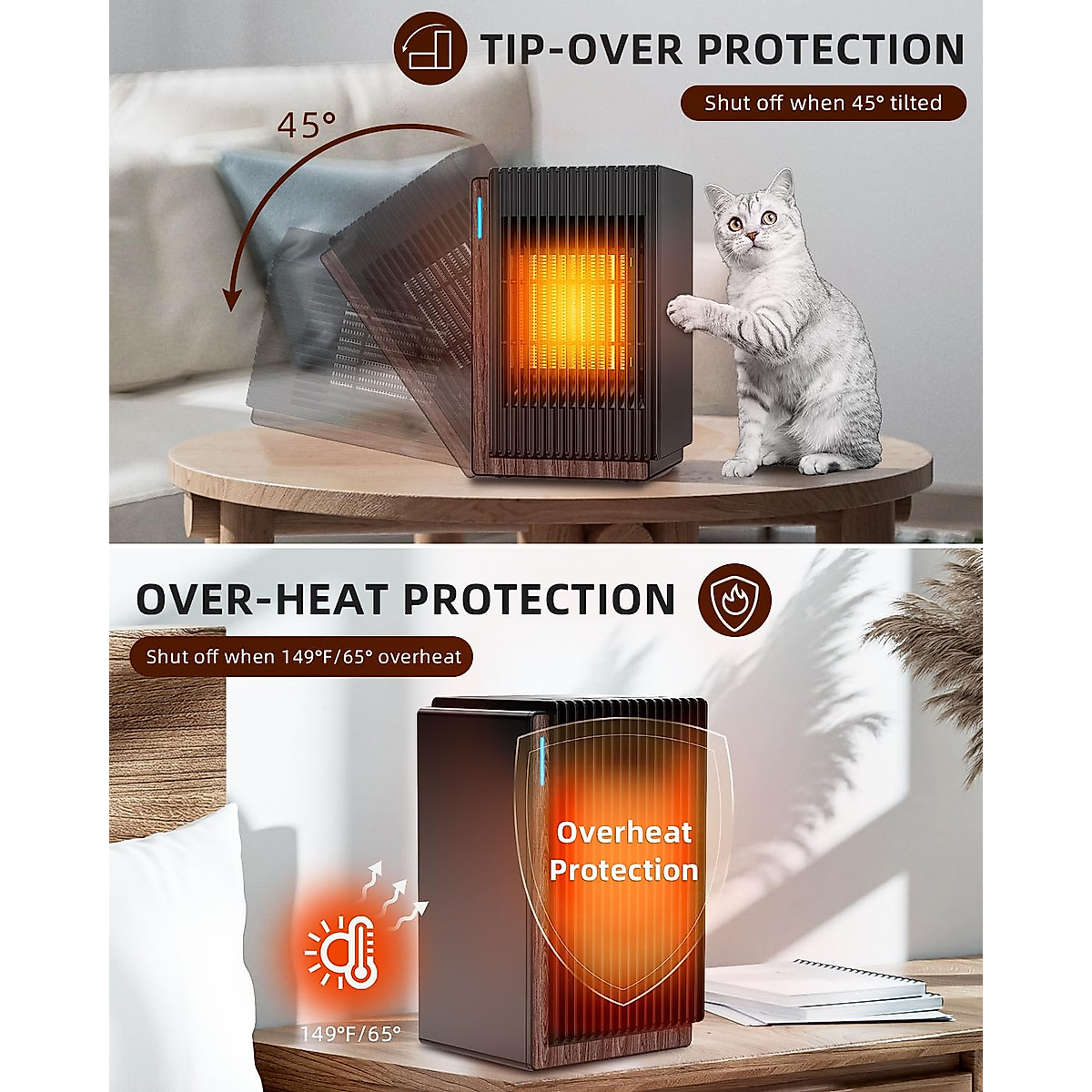 TUNISE Space Heater,Desk Space Heater,1200W PTC Ceramic Heater with 2 Modes,2-6h Timer,Tip-Over&Overheat Protection,Fireproof Material,Fast Heating for Bathroom Office Desk Indoor