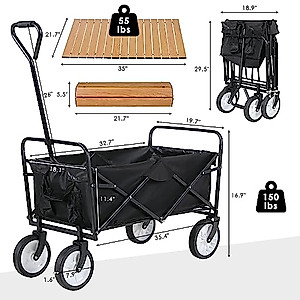 Arlopu Collapsible Wagon with Folding Table, Heavy Duty Portable Garden Cart w/Aluminum Alloy Table Combo, Outdoor Utility Camping Cart w/Metal Board Desktop for Shopping, Picnic, 150 LBS, Balck