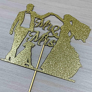 OIXCMNJQ Mr & Mrs Cake Topper, Wedding Anniversary, Bridal Shower, Engagement, Bride and Groom Hold Hands with Pet Dog Silhouette Cake Decorations Supplies, Gold Glitter