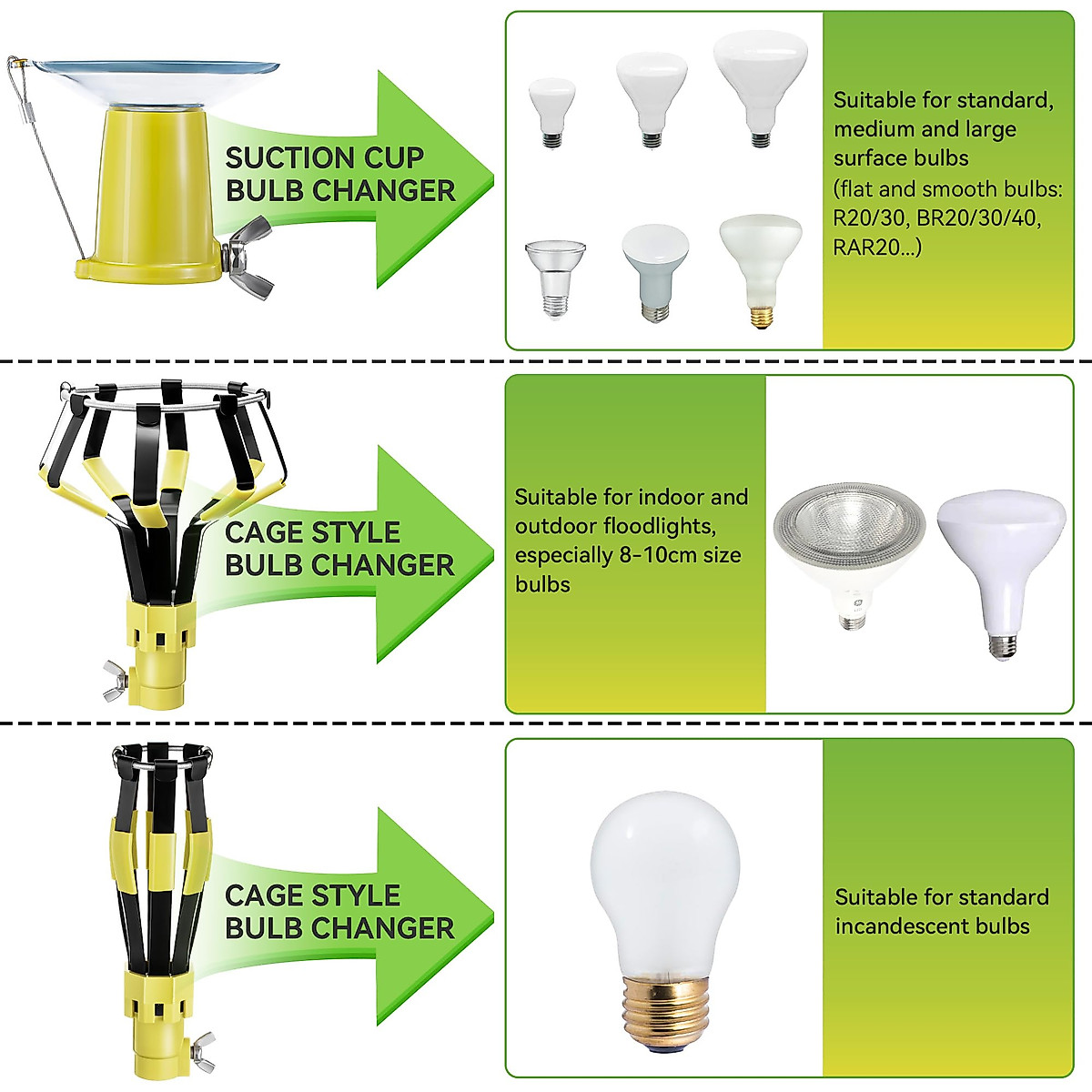 Dreyoo 3 Piece Set Light Bulb Changer, Standard Incandescent Bulb, Floodlight Bulb Changer and Suction Cup Light Bulb Changer Compatible with Standard Threaded Extension Pole (Pole Not Included)