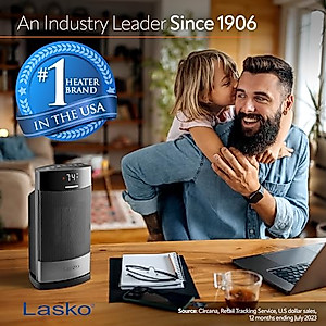 Lasko Ellipse Ceramic Tabletop Heater for Home with Tip-Over Switch, Child Lock, Digital Display, Thermostat, AutoECO Mode, Wide Oscillation, Remote, For Bedroom, Office, Den, 1500W, Black, CD12950