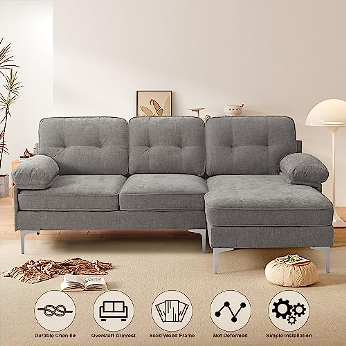 Abakan 79” Modern Sectional Sofas Couches for Living Room, Chenille L Shaped Couches with Chaise for Small Spaces, Sofa with Solid Wood Frame, Attached Armrest, Easy to Install(Light Grey)