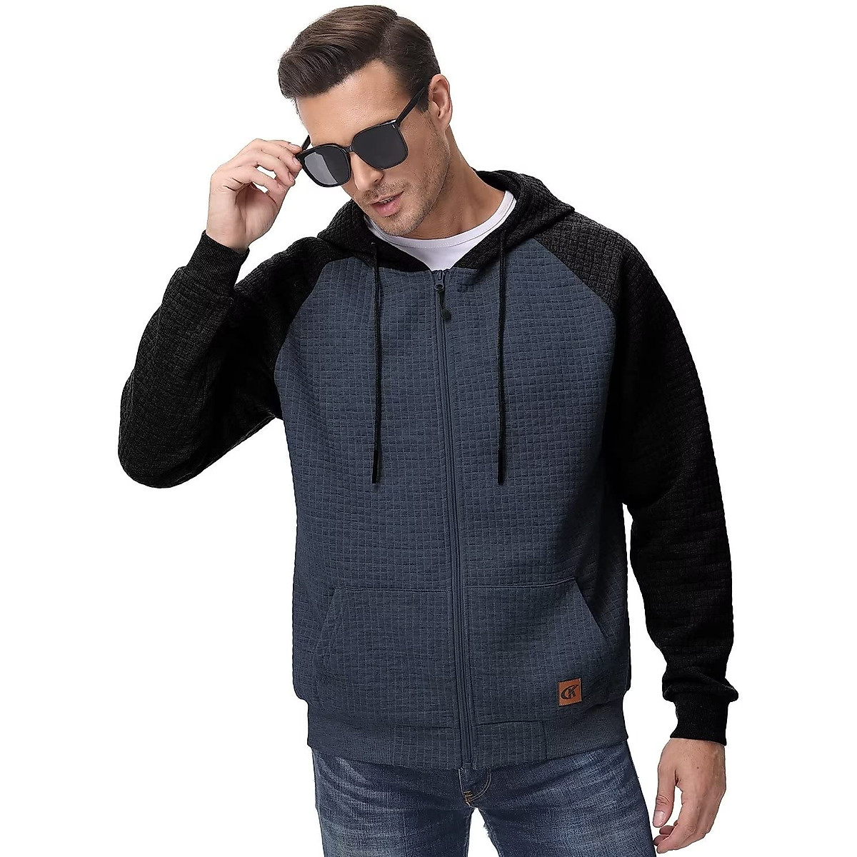 Men's Jacquard PlaidCloth Raglan Sleeve Zipper Hoodie Sweatshirt GreyBlue/Black Large