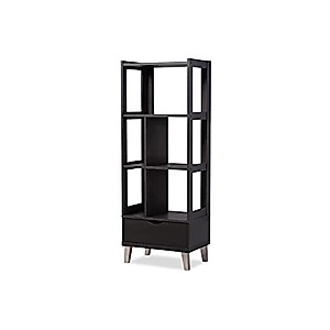 Baxton Studio Kalien Modern & Contemporary Wood Leaning Bookcase with Display Shelves & One Drawer, Dark Brown