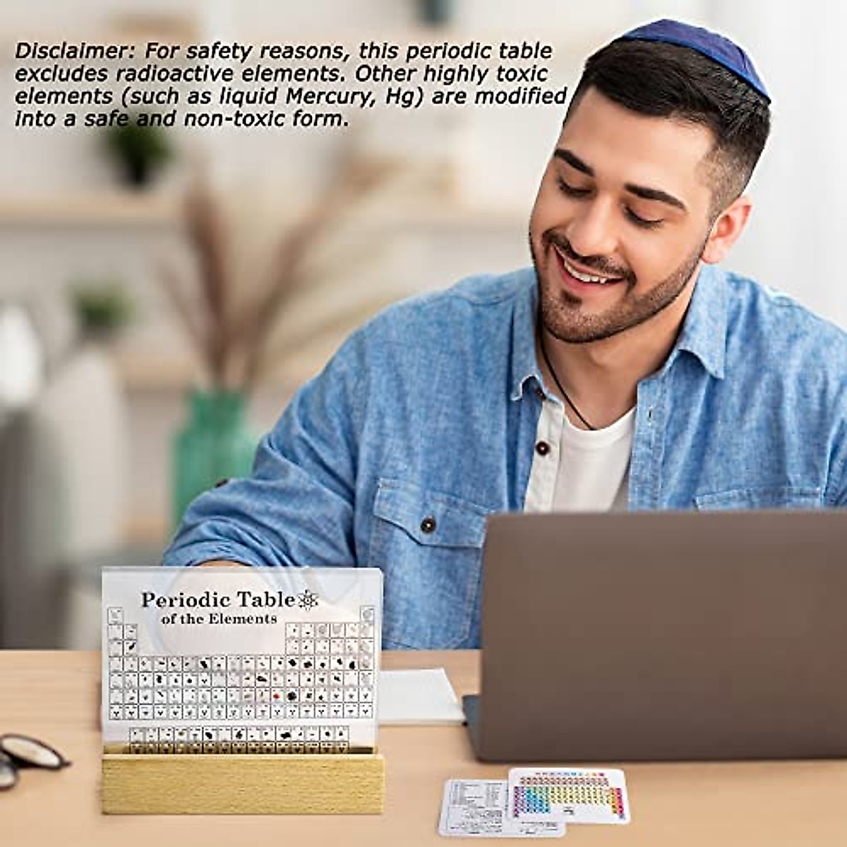 MegaBox Periodic Table Of Elements with 83 Real Elements, Acrylic Periodic Table Display With Wooden Stand, 6x Chemistry Formula Reference Cards, Science Teacher Gift Classroom Decoration